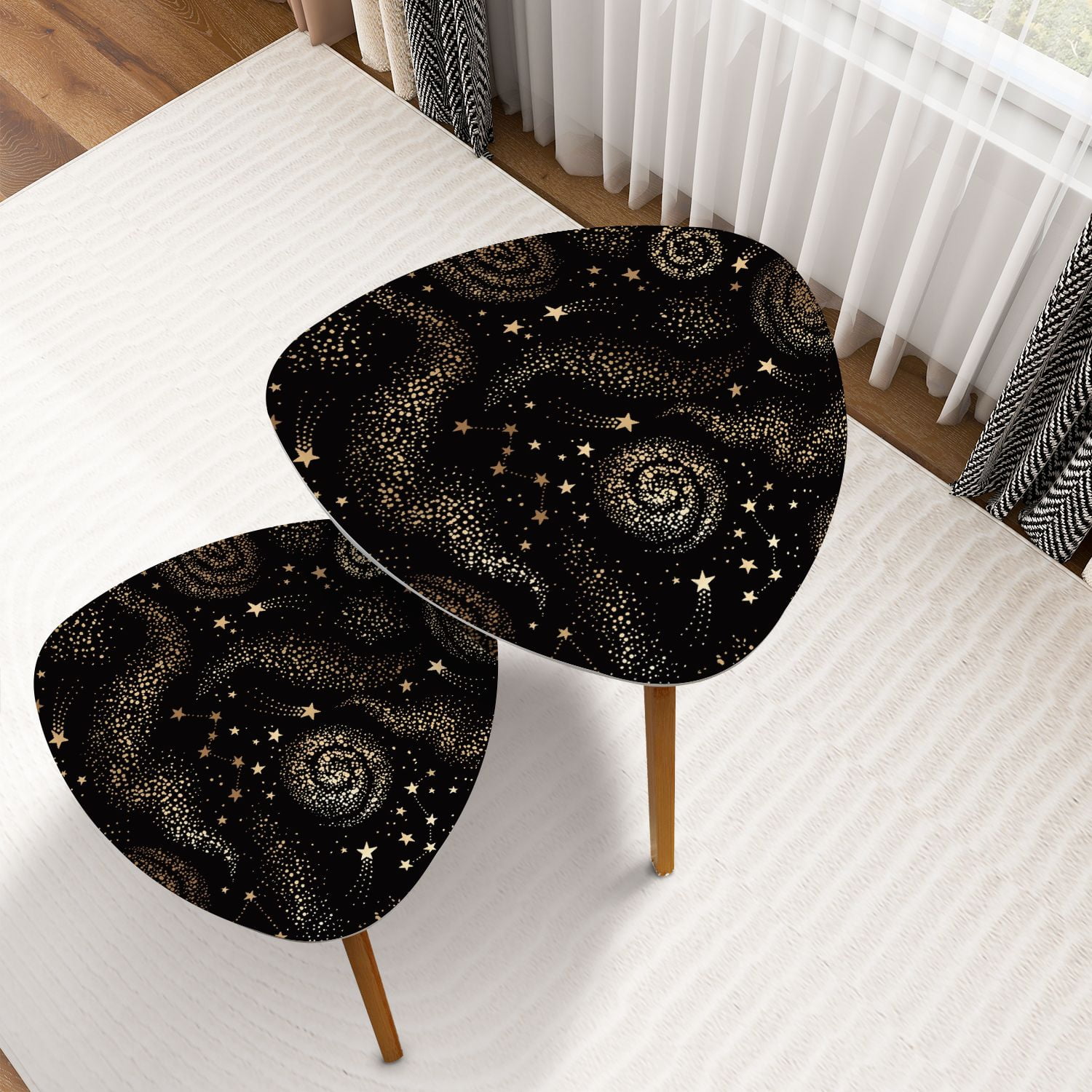 Triangle Nesting Coffee Table Set of 2 black pattern nebula constellations stars End Table ...