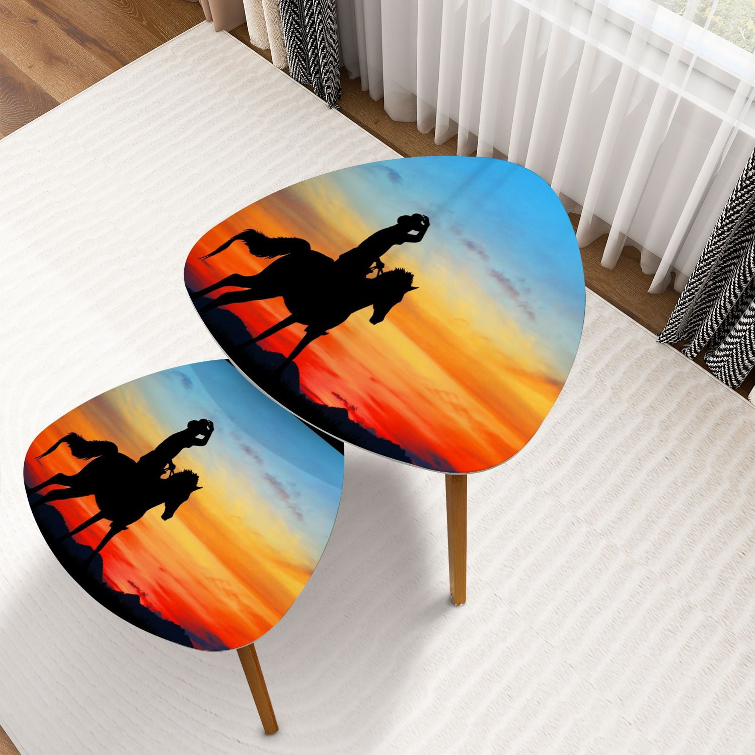 Triangle Nesting Coffee Table Set of 2 silhouette Cowboy riding horse ...