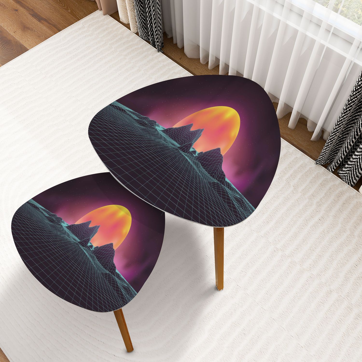 Triangle Nesting Coffee Table Set of 2 wave retro landscape sunset ...