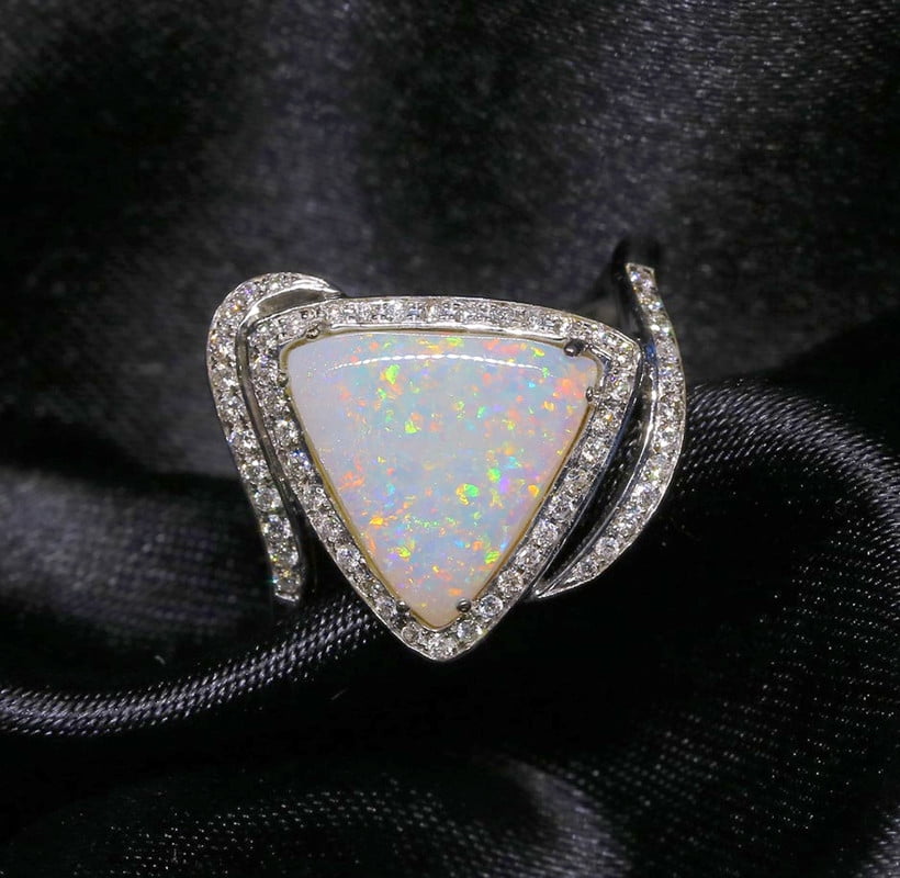 Triangle Opal Moissanite Fire Opal - Yellow Gold Halo Opal Moissanite ...