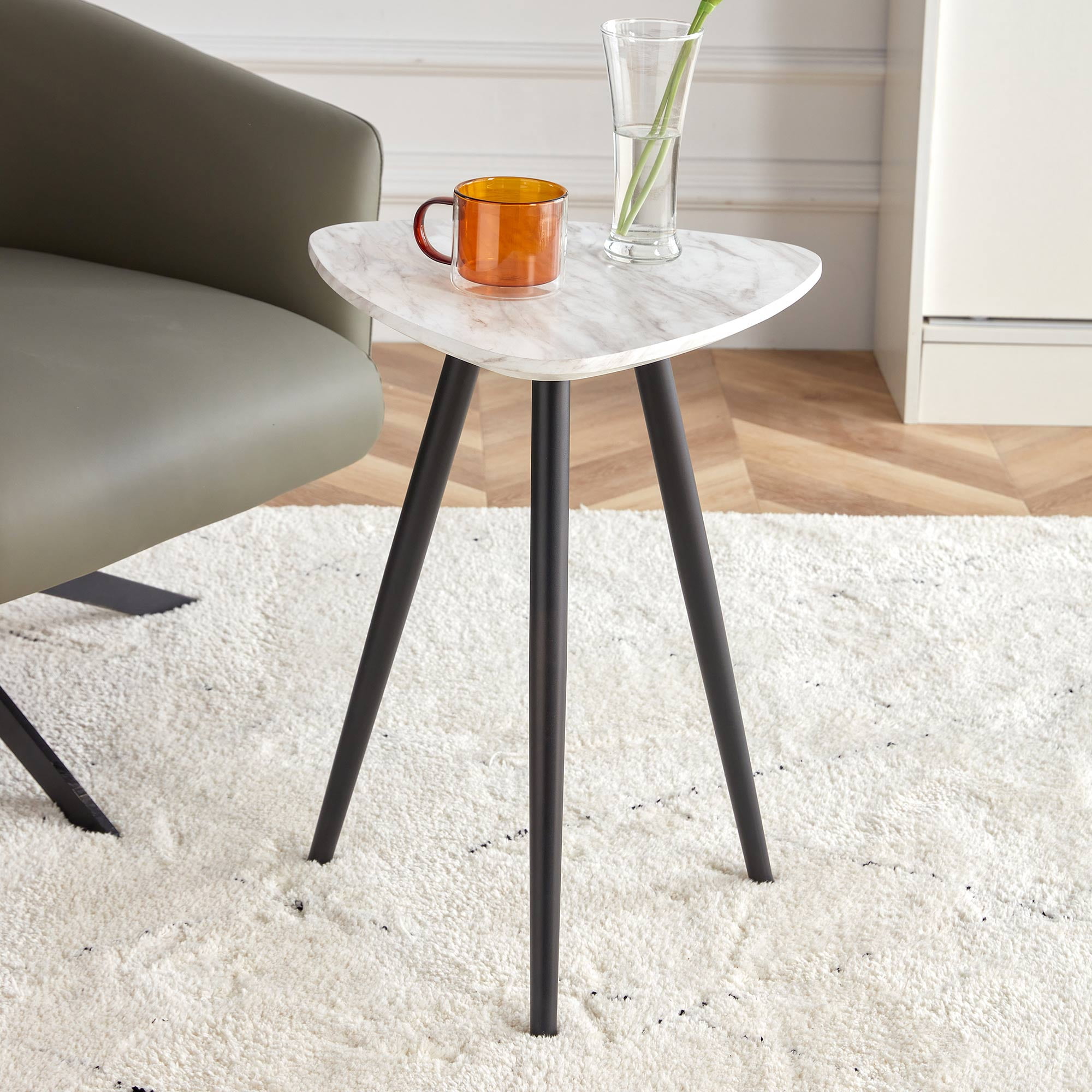 Triangle Side Table, Modern Minimalism White Faux Marble End Table ...