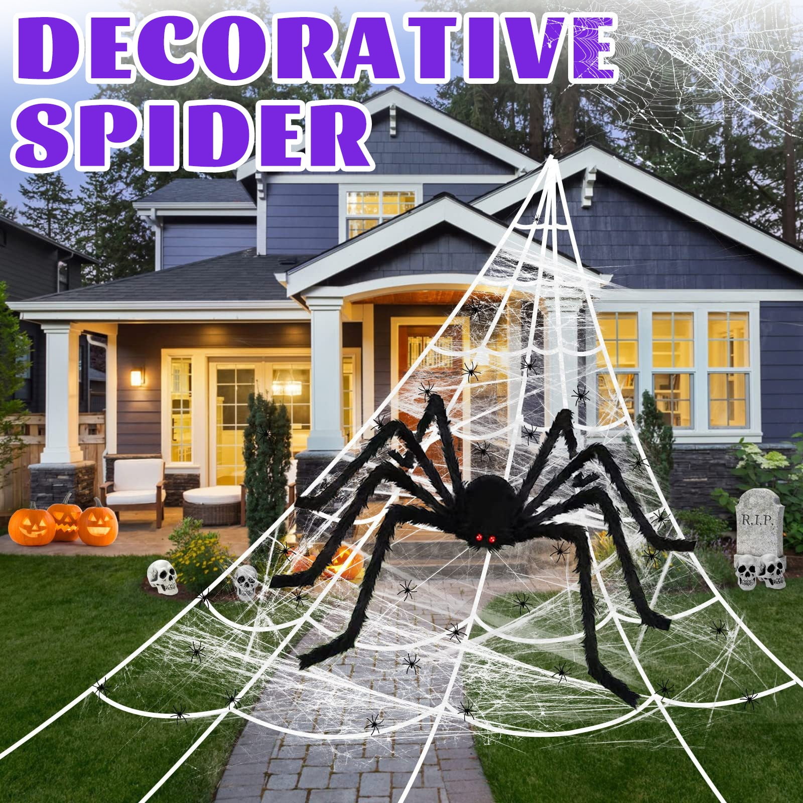 Triangle Spider Web & Realistic Scary Fake Large Hairy Black Spider ...