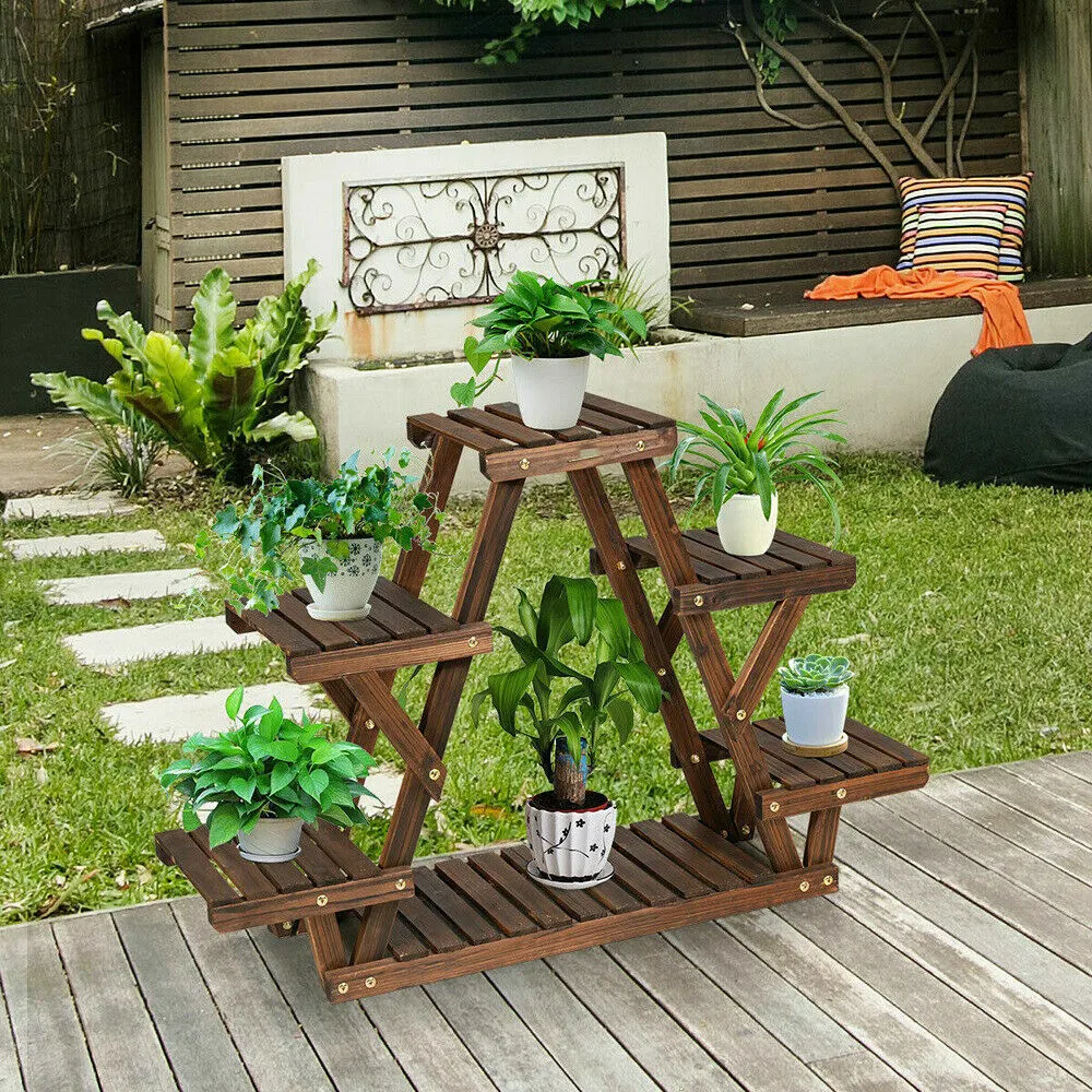 Triangle Stable Wooden Plant Stand Carbonized Flower Pot Storage Home ...