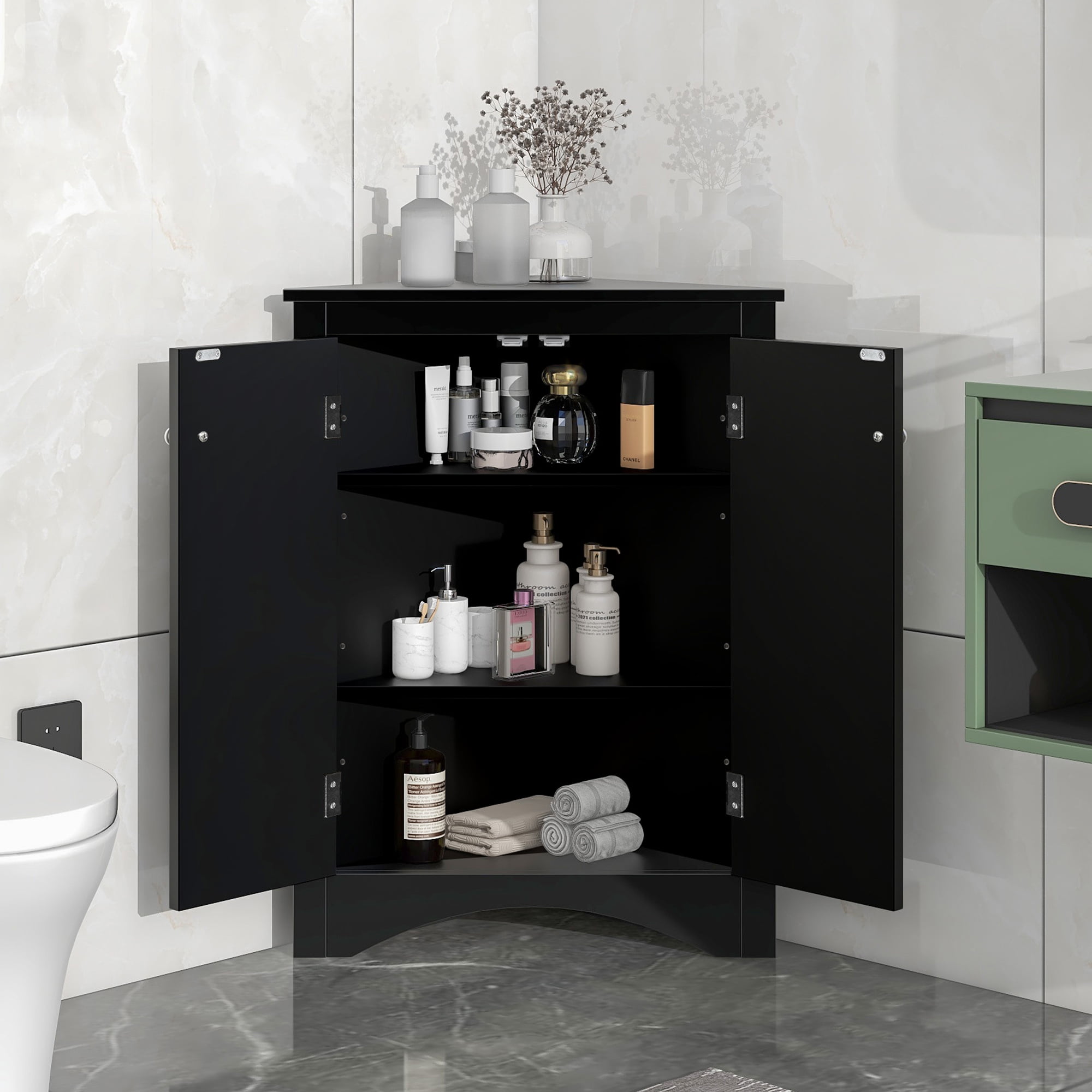 Triangular Bathroom Corner Cabinet With Doors Adjustable Shelves ...