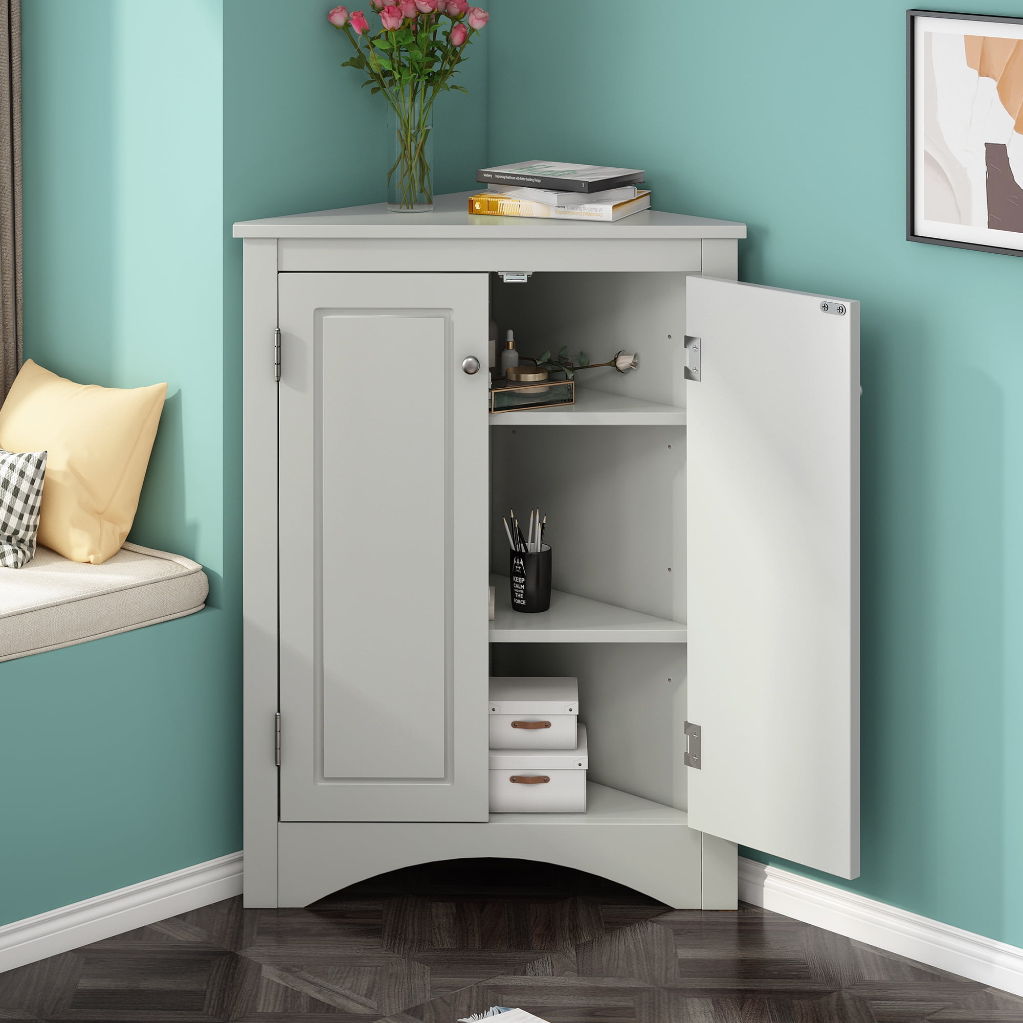 Triangular Bathroom Corner Cabinet With Doors Adjustable Shelves ...