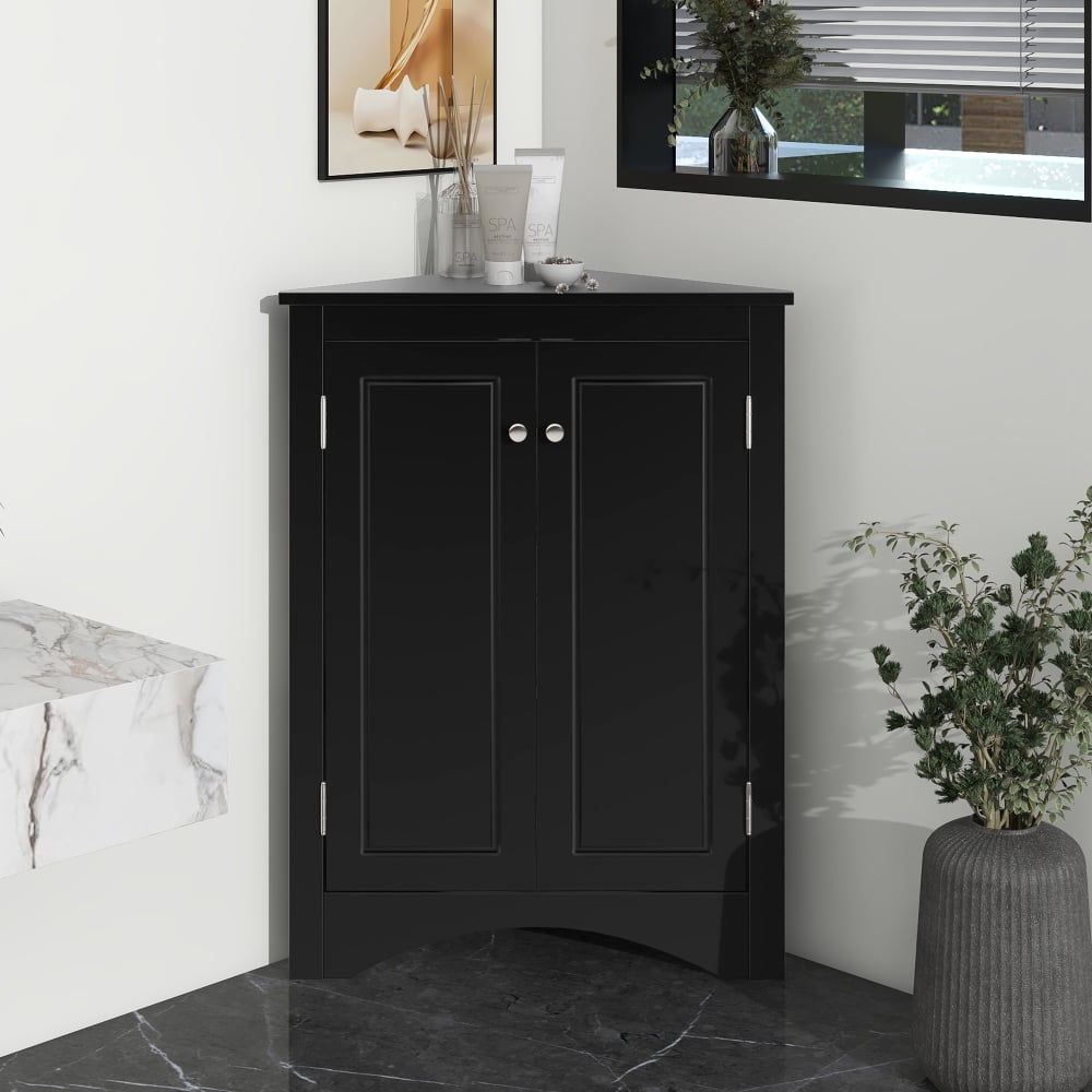 Triangular Bathroom Corner Cabinet with Double Doors and Adjustable ...