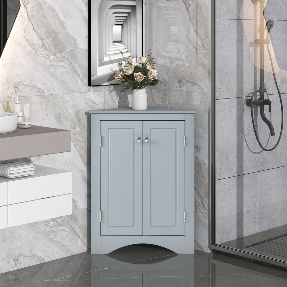 Triangular Bathroom Corner Cabinet with Double Doors and Adjustable ...