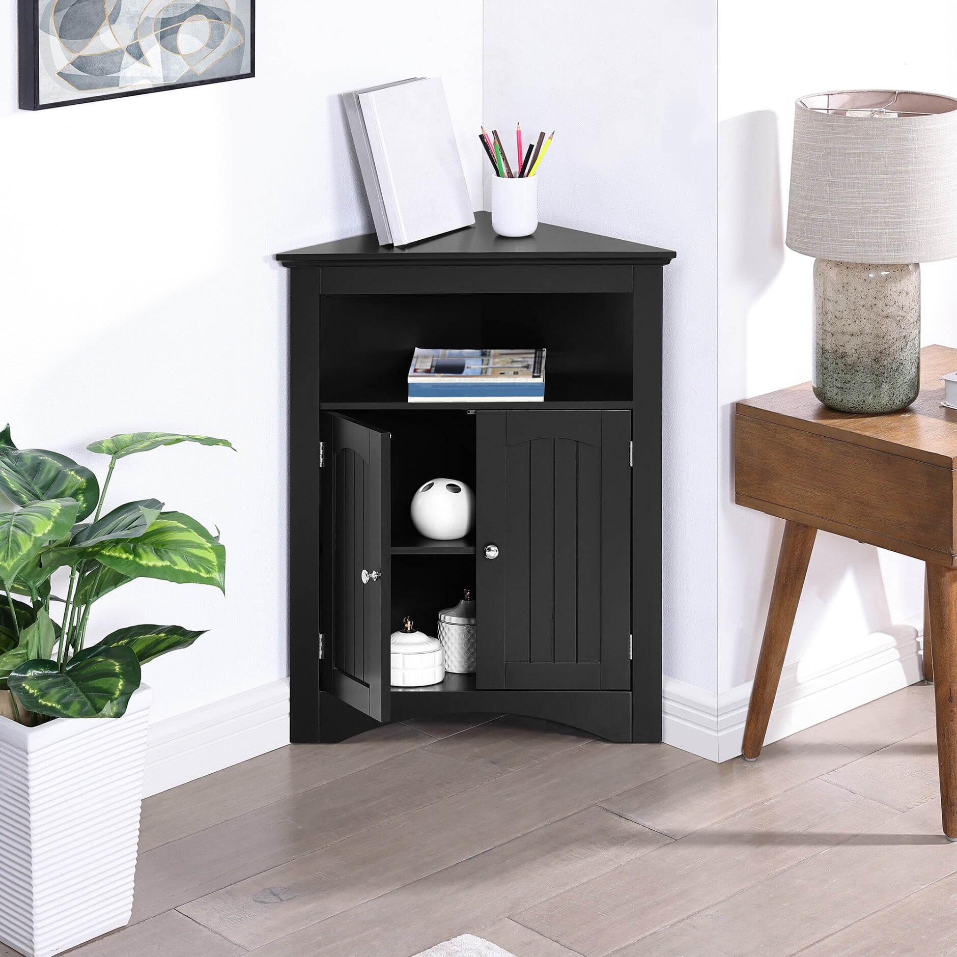 Triangular Bathroom Floor Corner Cabinet with Adjustable Shelves, Open ...