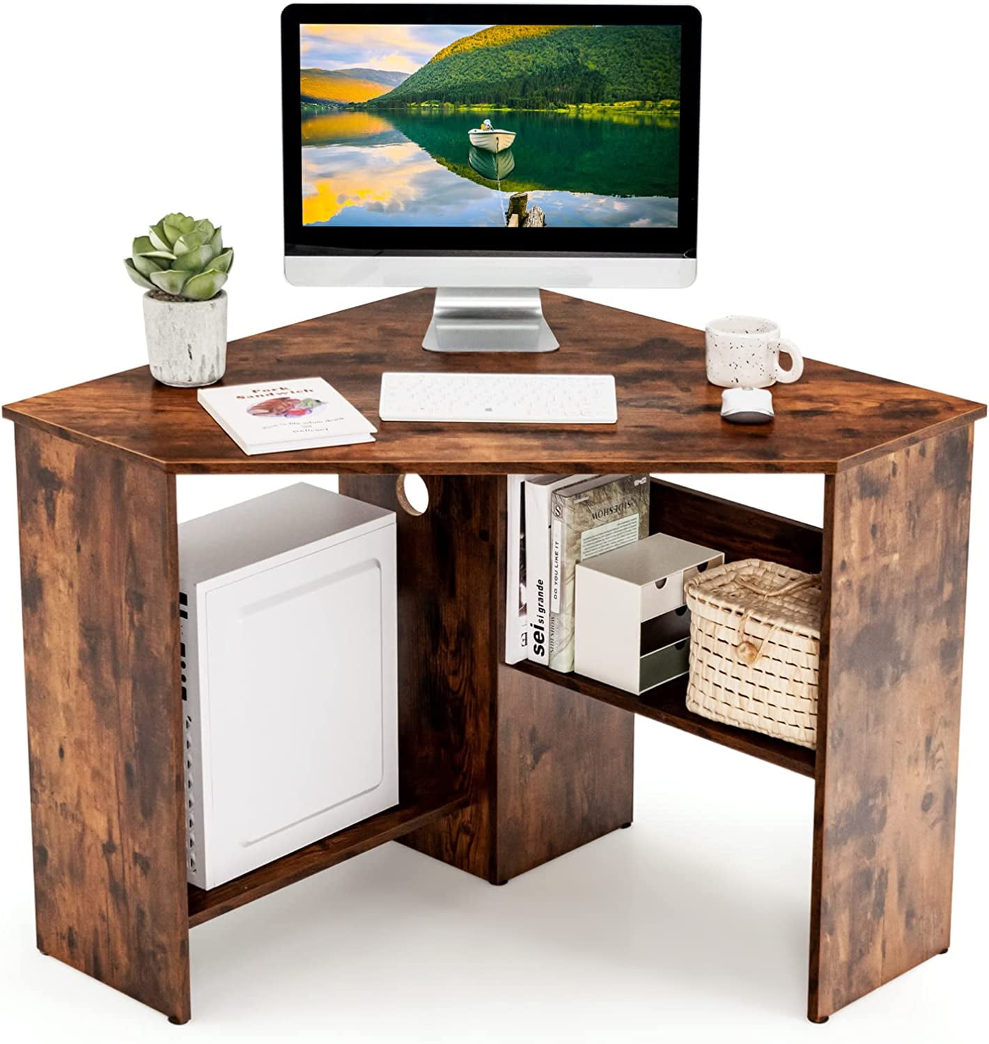 Triangular Corner Computer Desk with 2 Storage Shelves, Multi ...