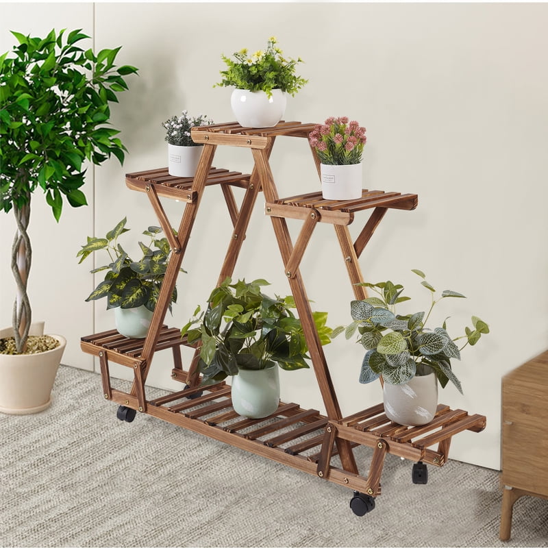 Triangular Plant Shelf 6 Potted Carbonized Wood Plant Holder Flower Pot ...