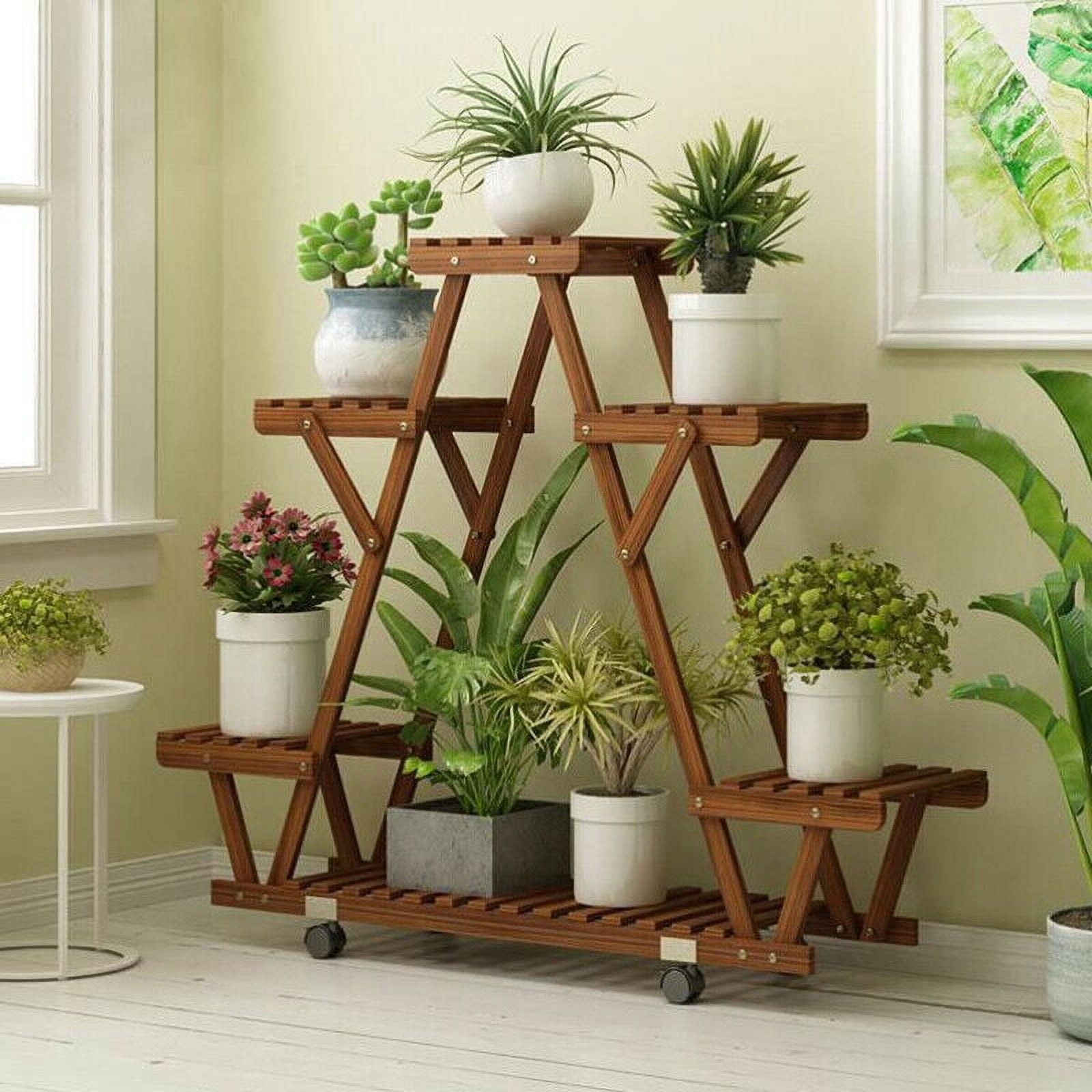 Triangular Plants Stand 32 inch Tall Shelf with Wheels Indoor 6 Potted ...