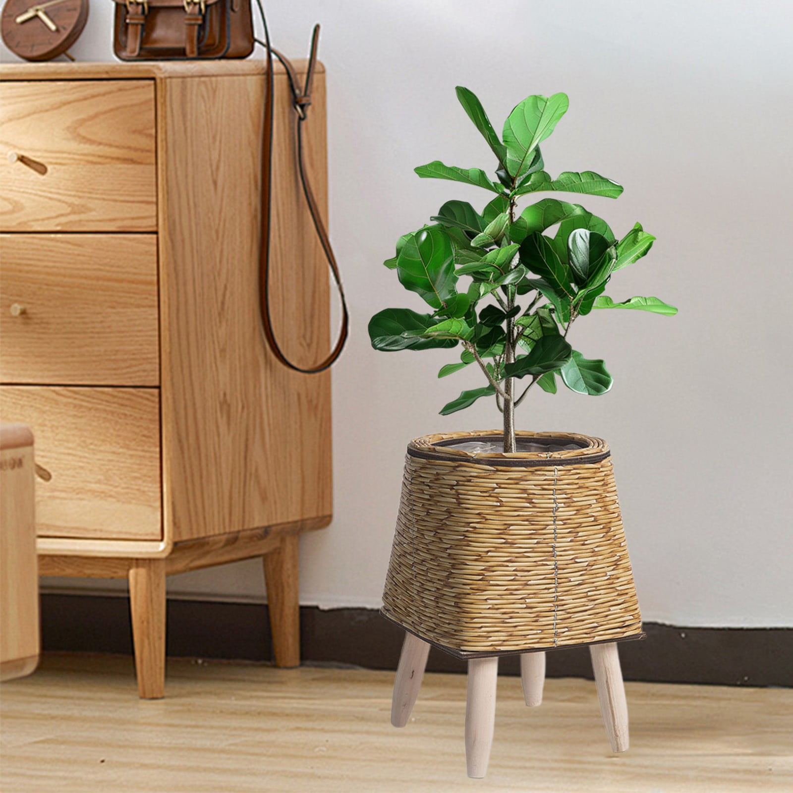 Triangular Rattan-Style Planter Stand, Desktop Flower Pot with Woven ...