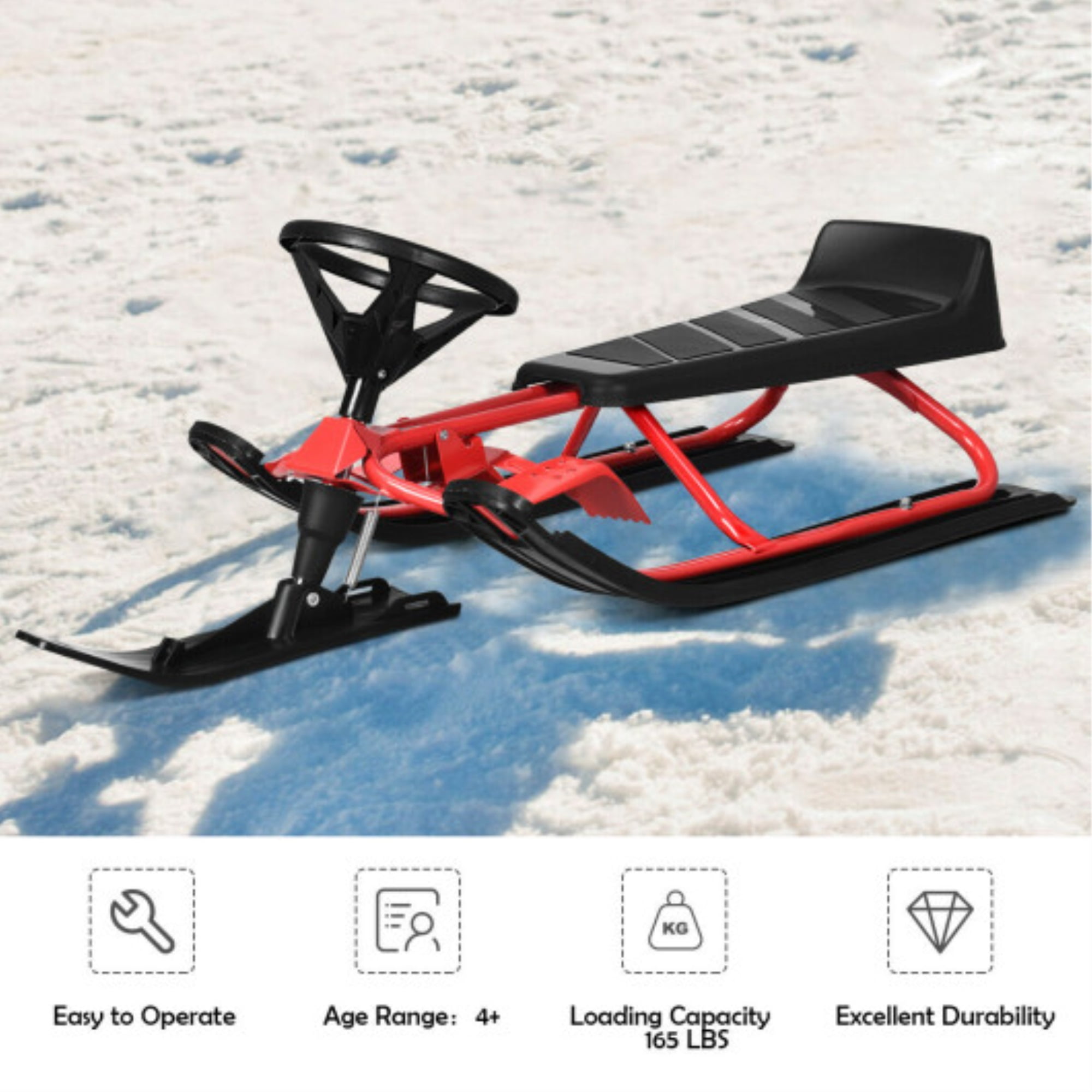 Triangular Snow Sled with Steering Wheel, Double Brakes, and Pull Rope ...