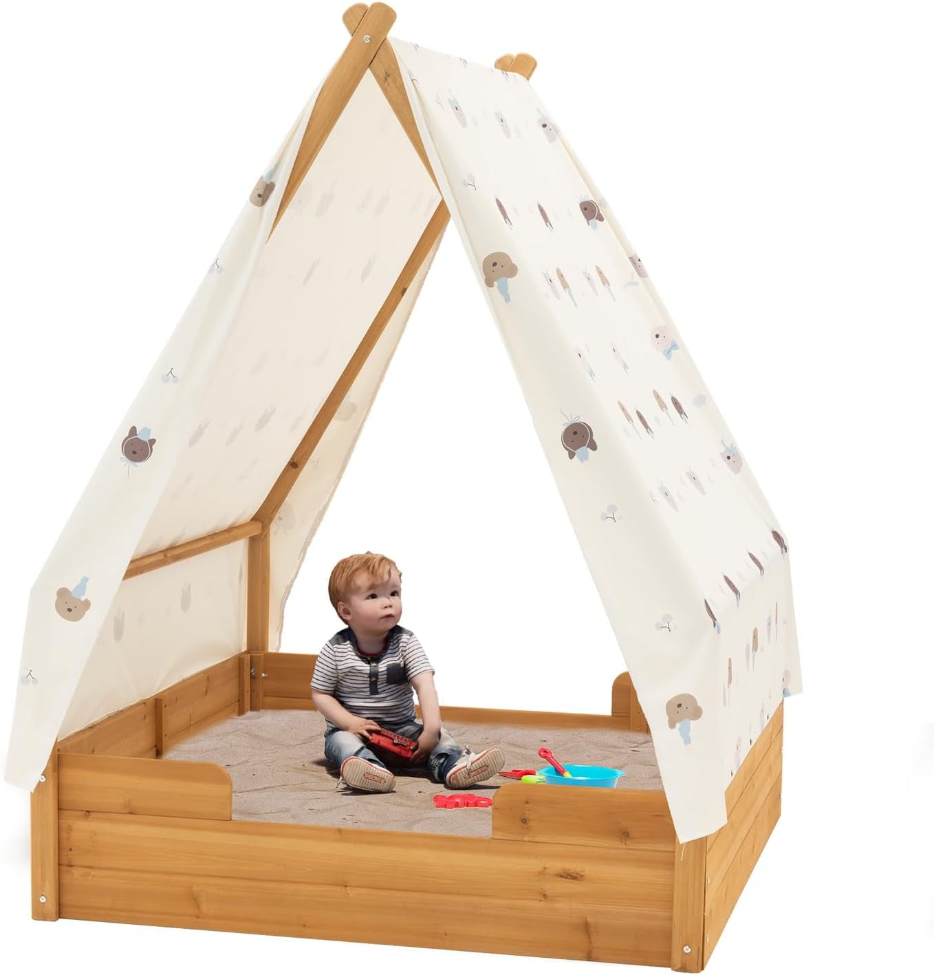 Triangular Wooden Sandbox with Canopy for Aged 3-8 Years Old, Sand ...