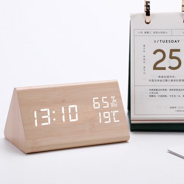 Triangular wooden clock, digital display temperature and humidity ...