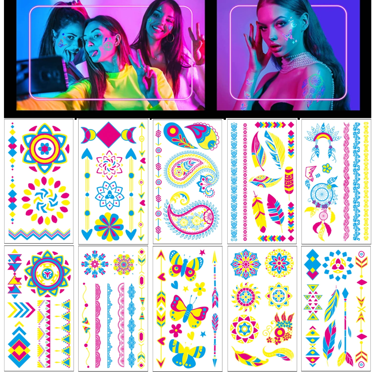 Triani 10 Sheets Glow in the Dark Neon Temporary Tattoo,UV Blacklight ...