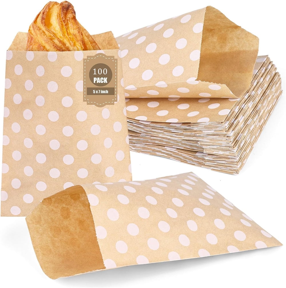 Triani 100Pcs Flat Paper White Polka Dot Kraft Gift Bags Kraft Brown ...