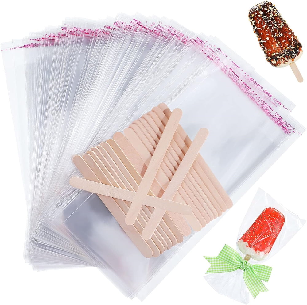 Triani 100Pcs Ice Lolly Sticks and 200Pcs Plastic Bags Set Clear Self ...