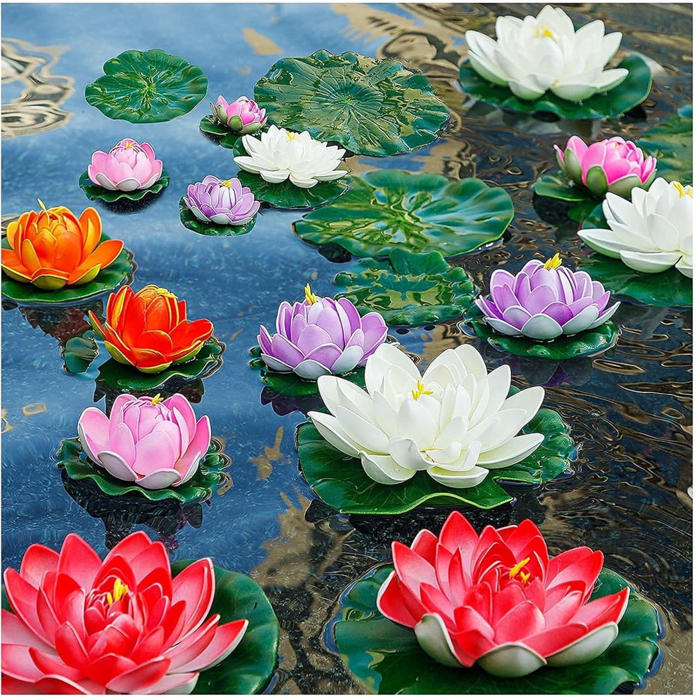 Triani 12Pcs Artificial Floating Foam Lotus Flower with Water Lily Pad ...