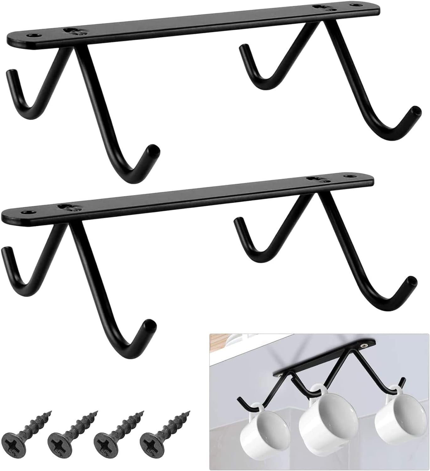 Triani 2 Pack Mug Rack Under Cabinet, Black Mug Holder Shelf Metal Mug ...