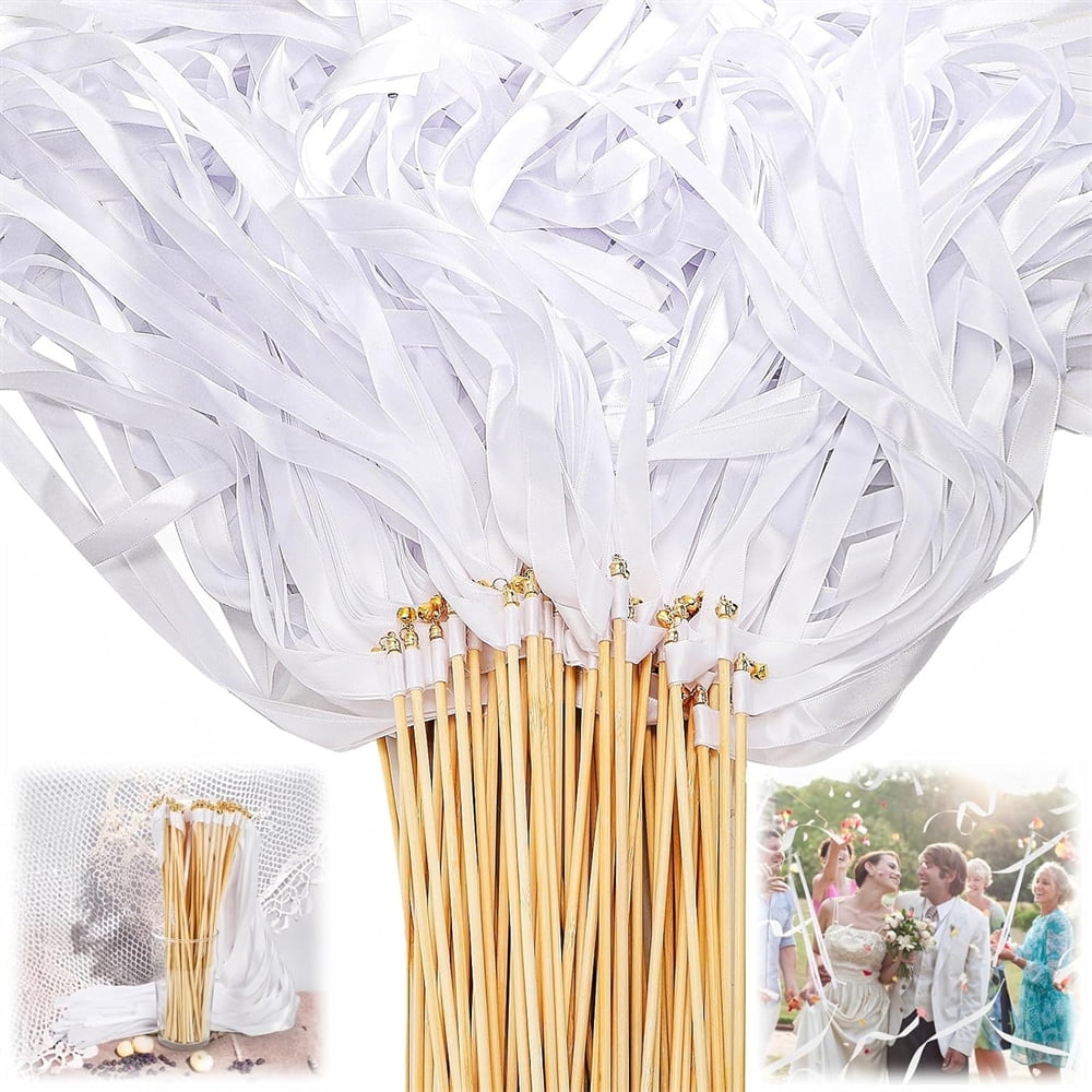 Triani 20Pcs White Sticks Streamers Sticks with Bell Silk Fairy Stick ...