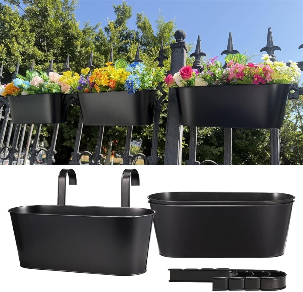 Triani 2Pcs Metal Railing Planter for Outdoor Plants 16.3 Inch Self ...
