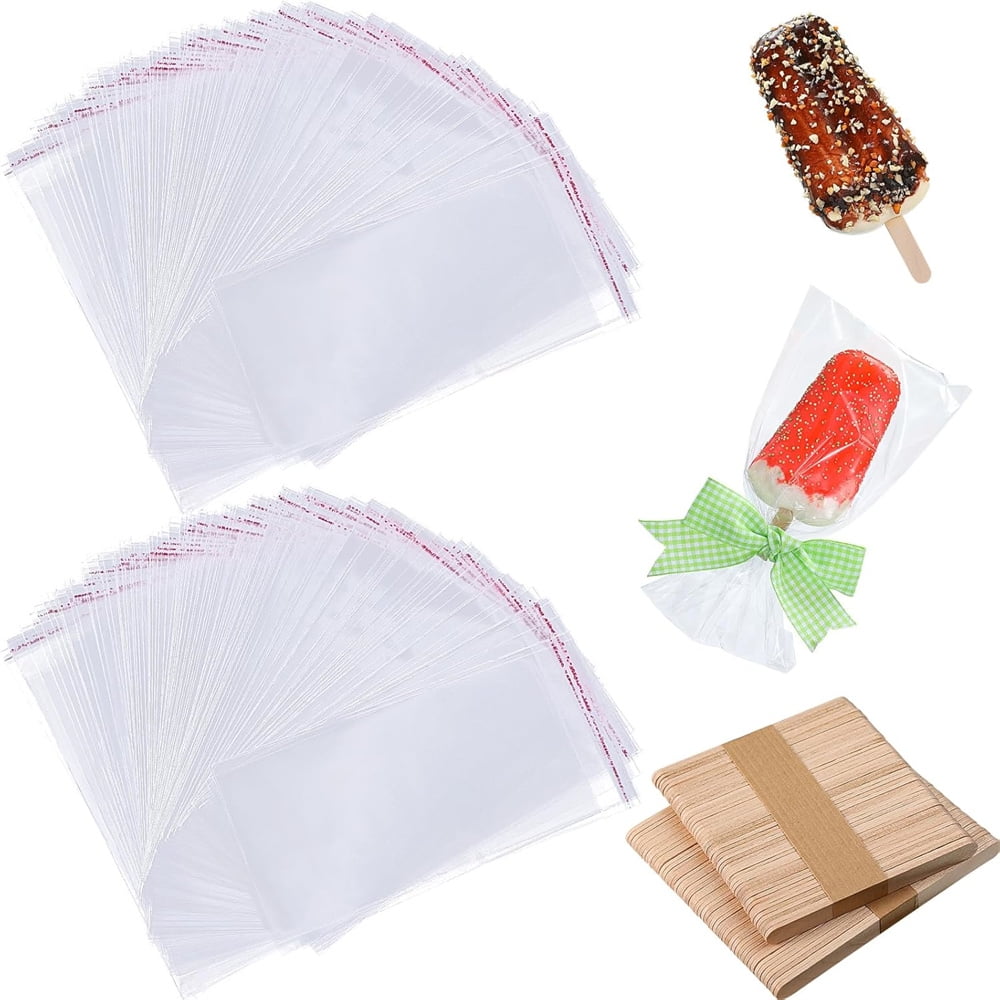 Triani 300Pcs Ice Lolly Sticks and Bags Set 200 Pcs Clear Ice Lolly ...