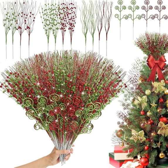 Triani 32Pcs Christmas Tree Picks 17" Red Green Artificial Glitter ...