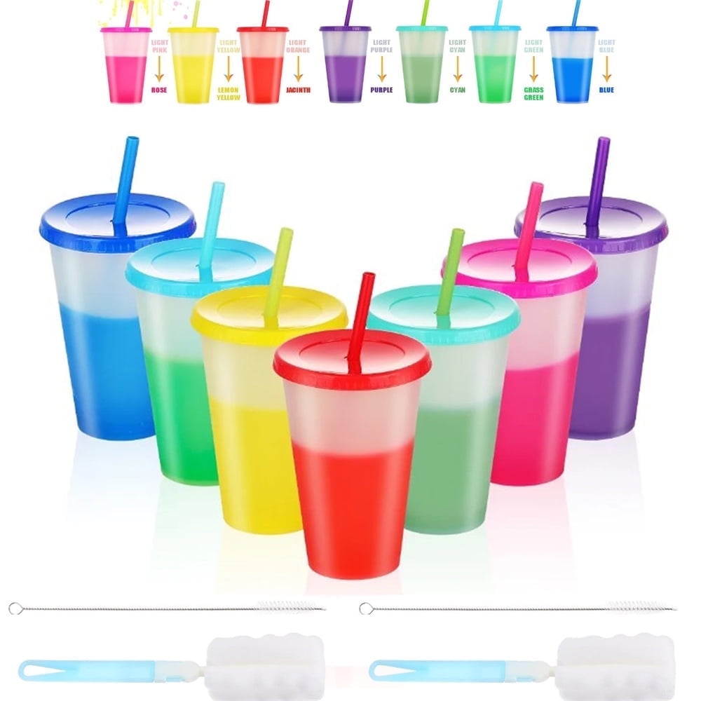 TRIANI Color Changing Plastic Tumblers 16oz, Set of 7, Cups with Lids ...