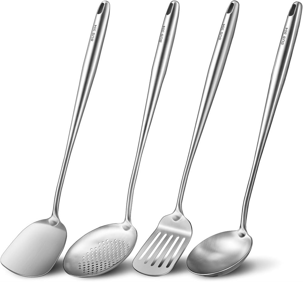 Triani 4Pcs 17inch Wok Spatula and Ladle 304 Stainless Steel Wide Wok ...