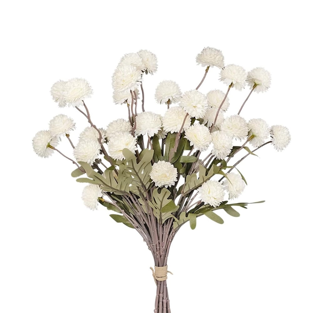 Triani 6Pcs Artificial Pompon Mum Flower White 20.5" Fake Mini ...