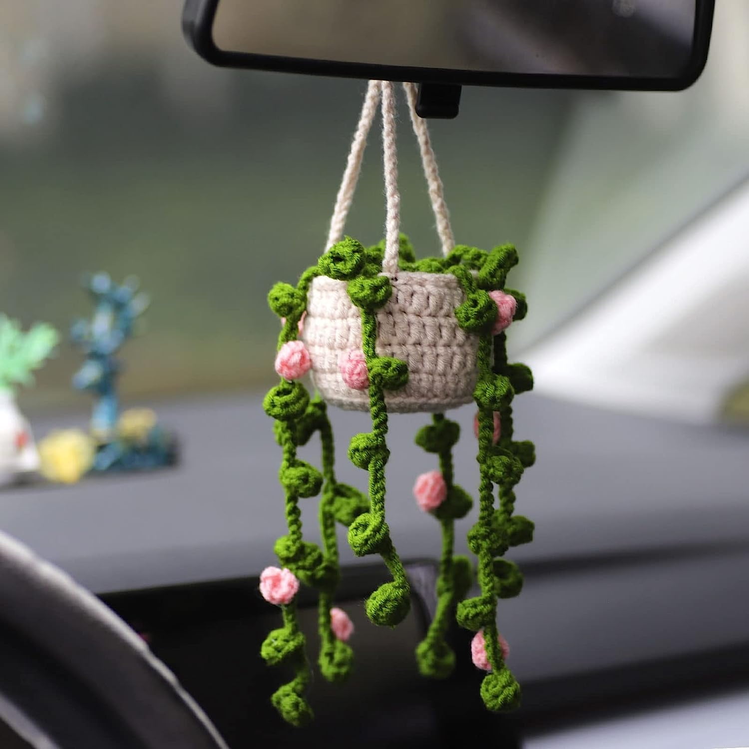 Triani Cute Potted Plants Crochet Car Mirror Hanging Accessories Cute ...