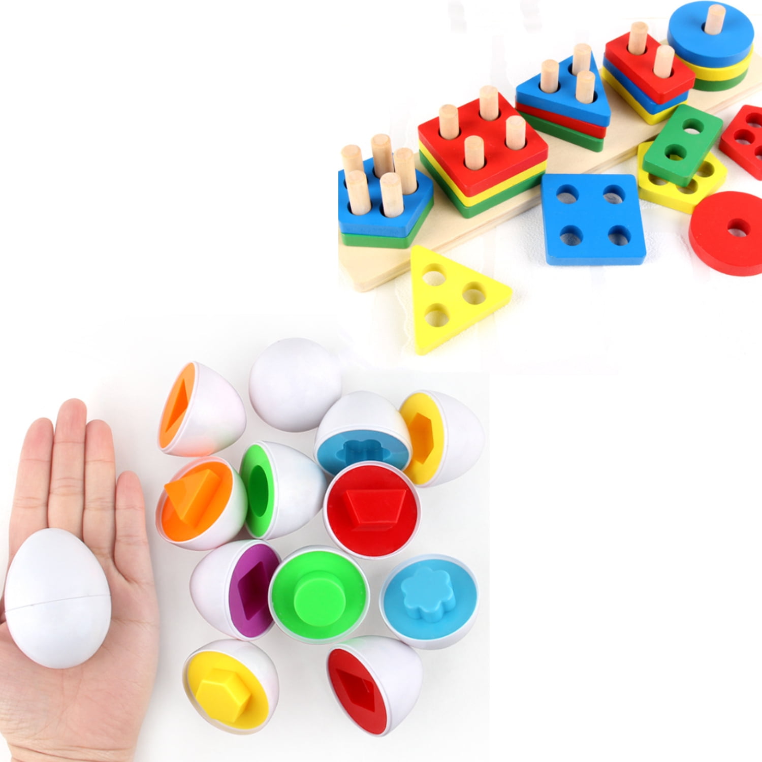 Triani Wooden Sorting and Stacking Toys，Matching Eggs Color&Shape ...