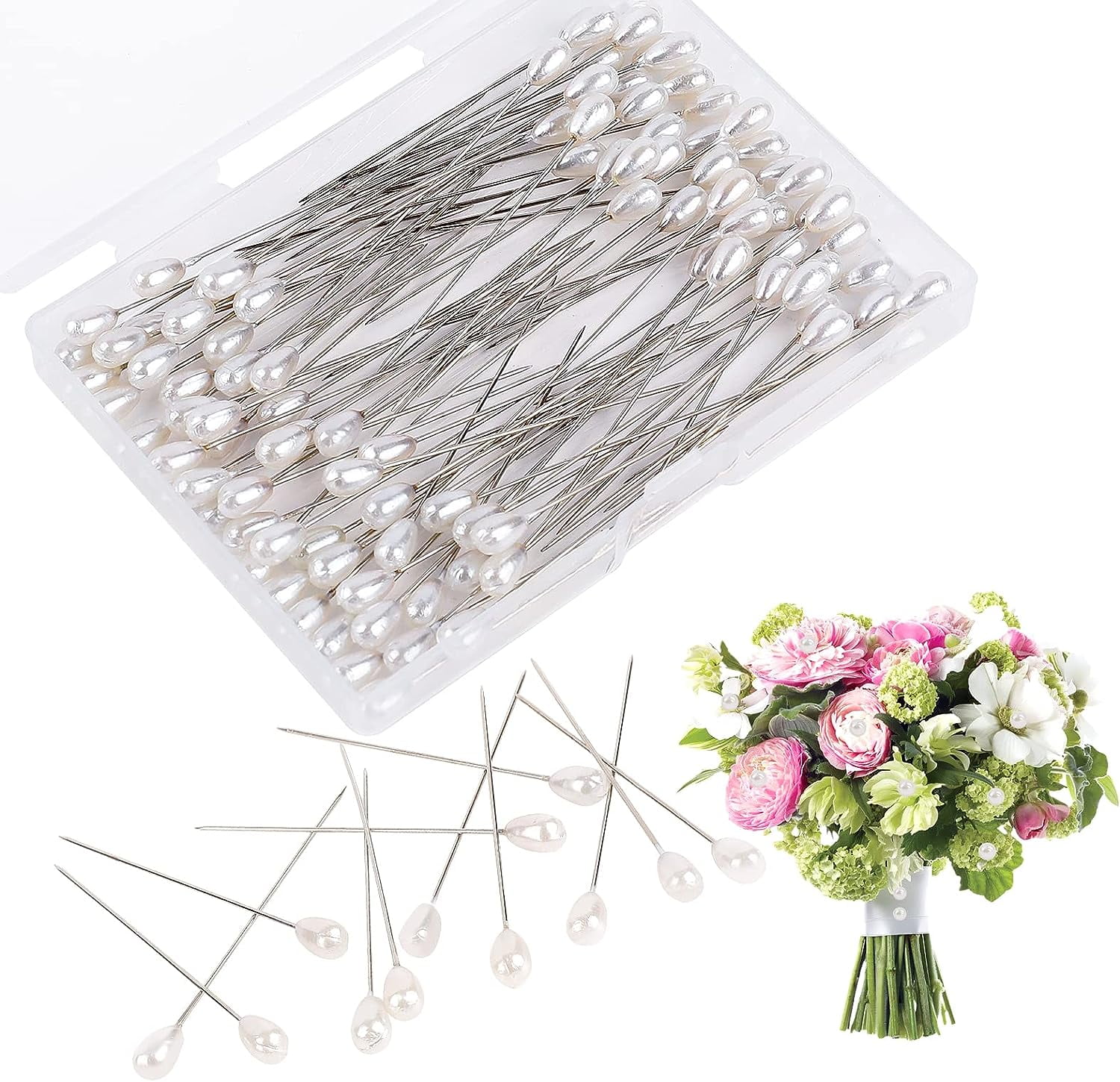 Trianu 100Pcs Corsage Boutonniere Pins 2" Teardrop Pearl Head Pins ...