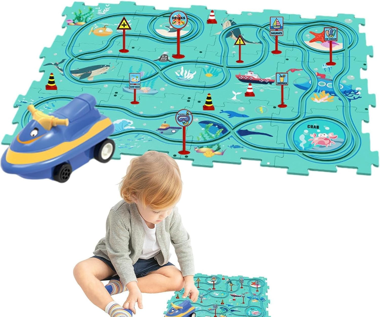 Trianu 25 Pcs Puzzle Car Tracks with Vehicles, Puzzle Track Play Set ...