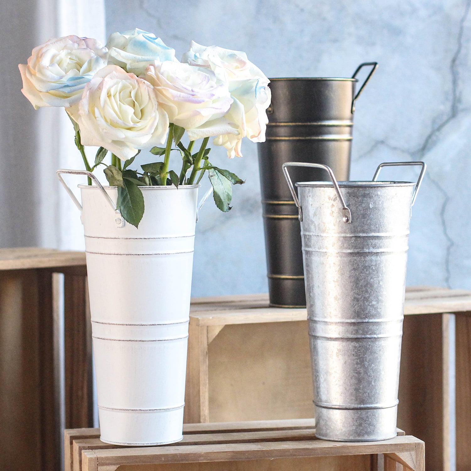 Trianu 3 Pcs Vintage Galvanized Flower Bucket Metal Flower Vase ...