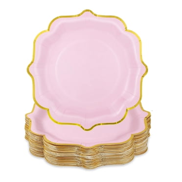 Elegant 48-Pack Pink Scalloped Paper Plates with Gold Foil (9 in ...