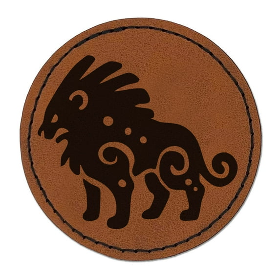 Tribal African Lion Big Cat King Round Iron-On Engraved Faux Leather ...