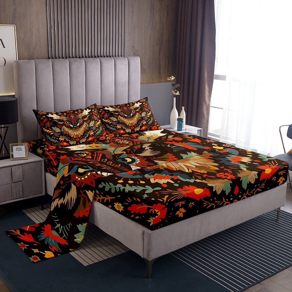 Tribal Bull Skull Bed Sheets Set Queen,Cattle Floral Bedding Set ...