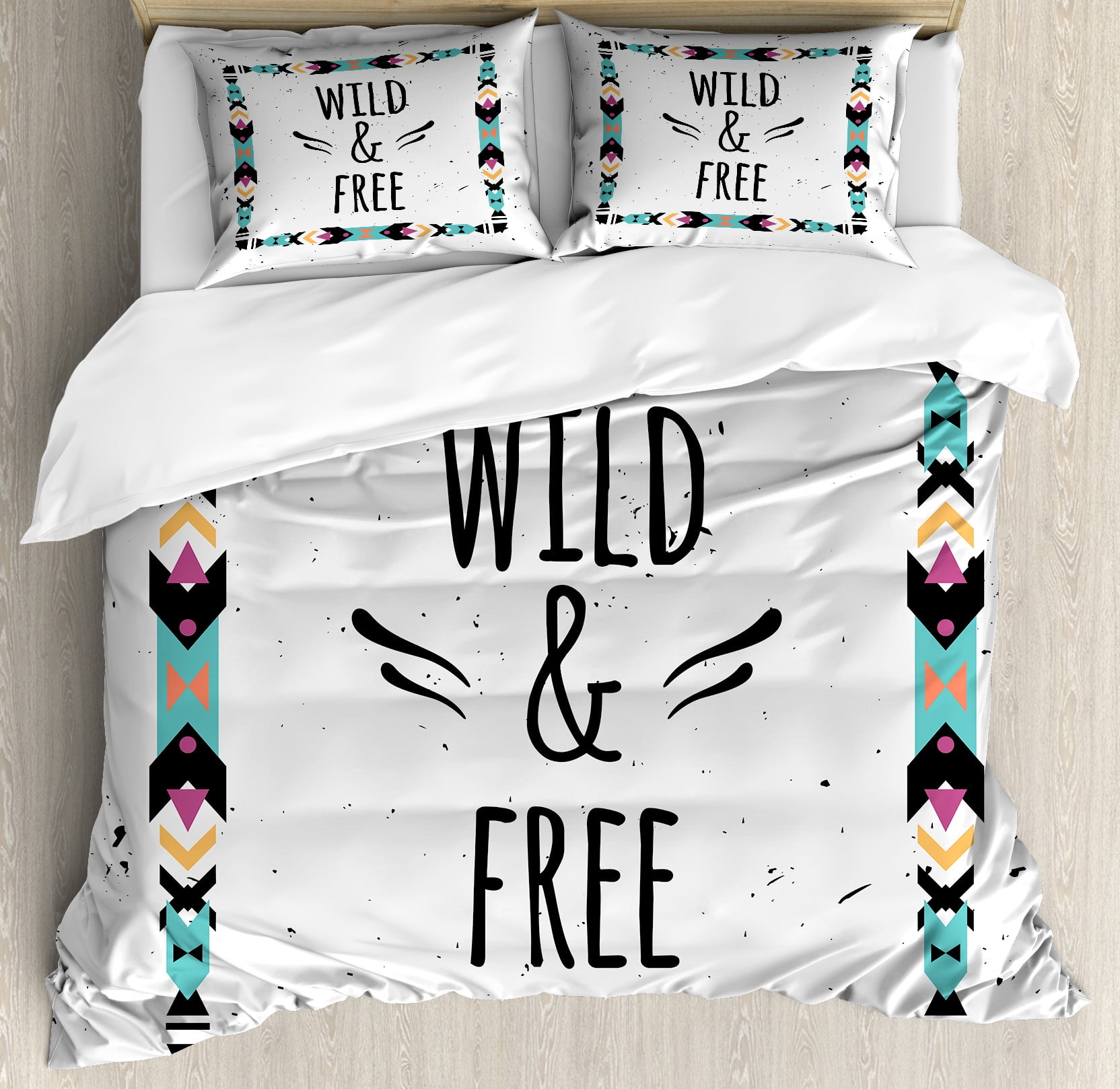 Tribal Duvet Cover Set, Abstract Geometrical Frame Wild and Free Words ...