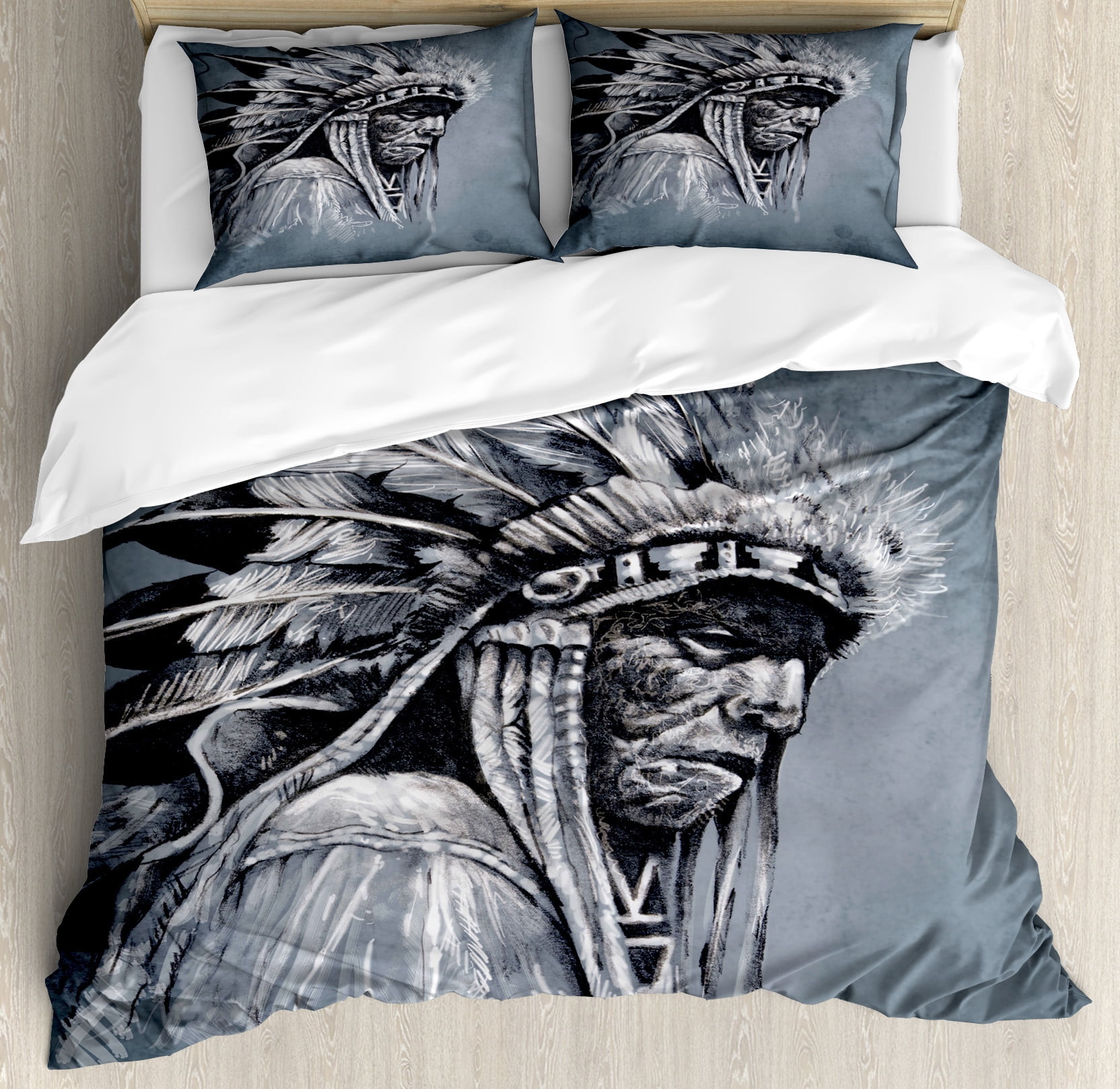 Tribal Duvet Cover Set, Hand Drawn Tribe Chief Head with Feathers ...