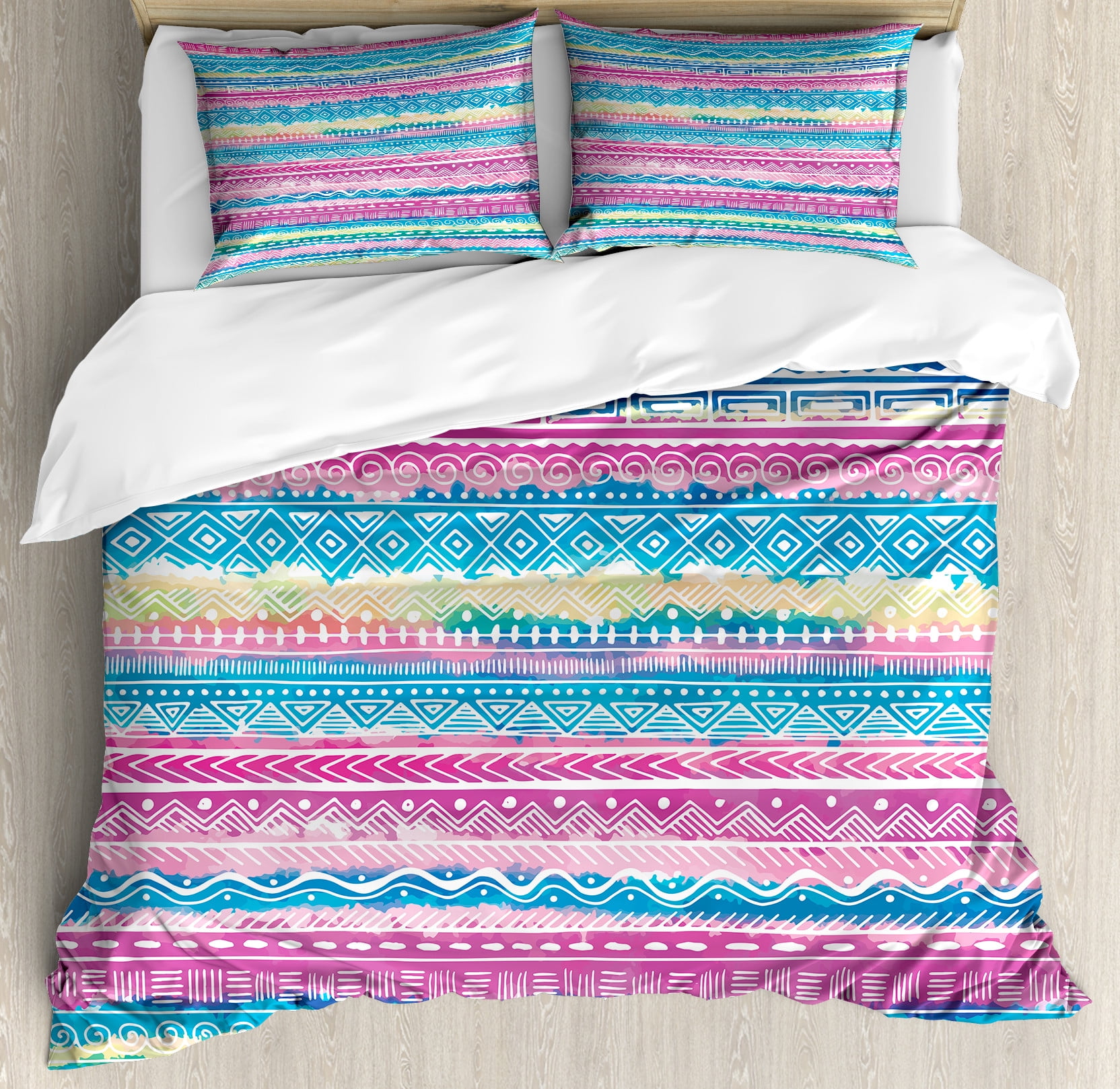 Tribal Duvet Cover Set, Watercolor Tie Dye Effect Art Stripes Aquatic ...