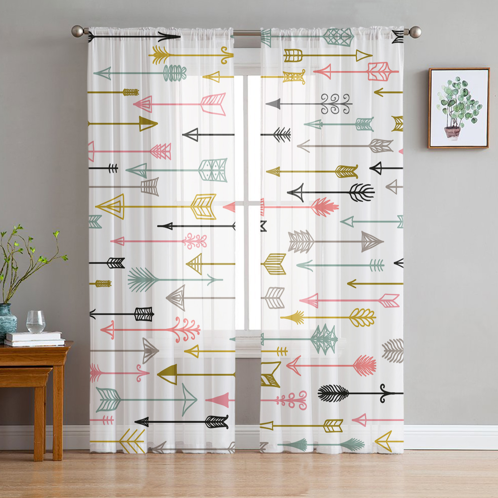 Tribal Feather Colorful Arrow Tulle Sheer Curtains for Living Room ...