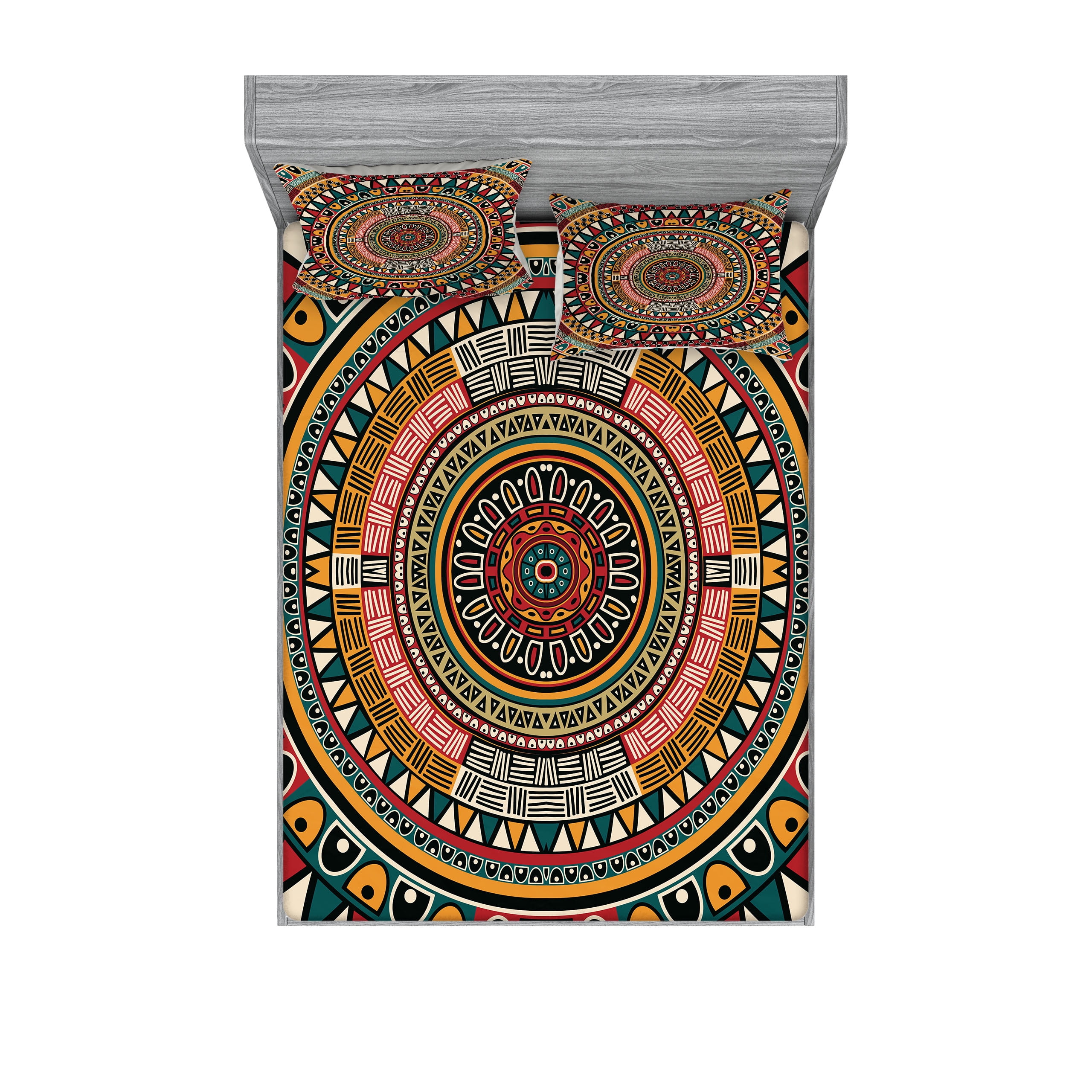 Tribal Fitted Sheet & Pillow Sham Set, Folkloric Tribe Round Pattern ...