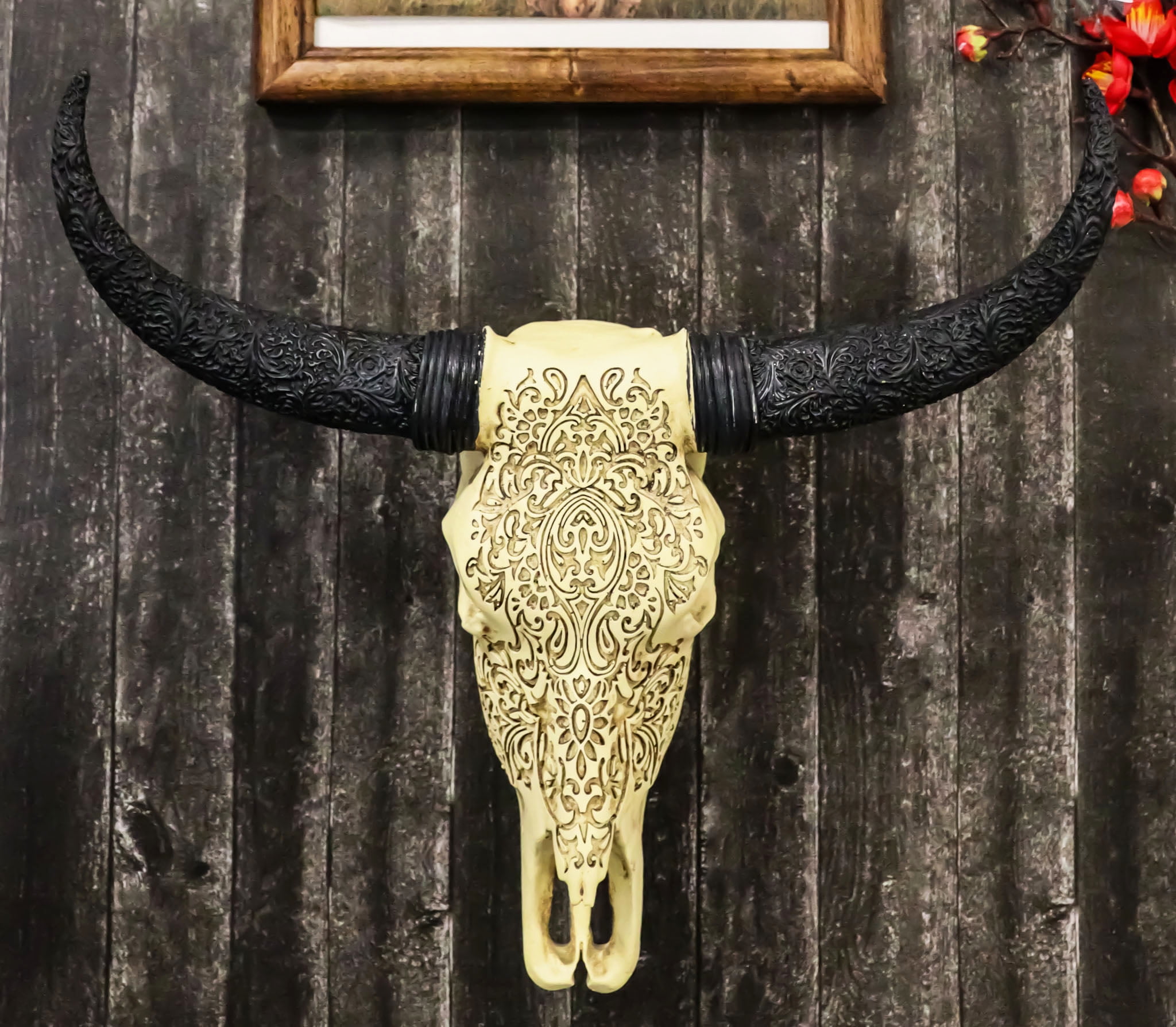 Tribal Floral Vines Tooled Bison Bull Cow Skull With Horns Wall Decor ...
