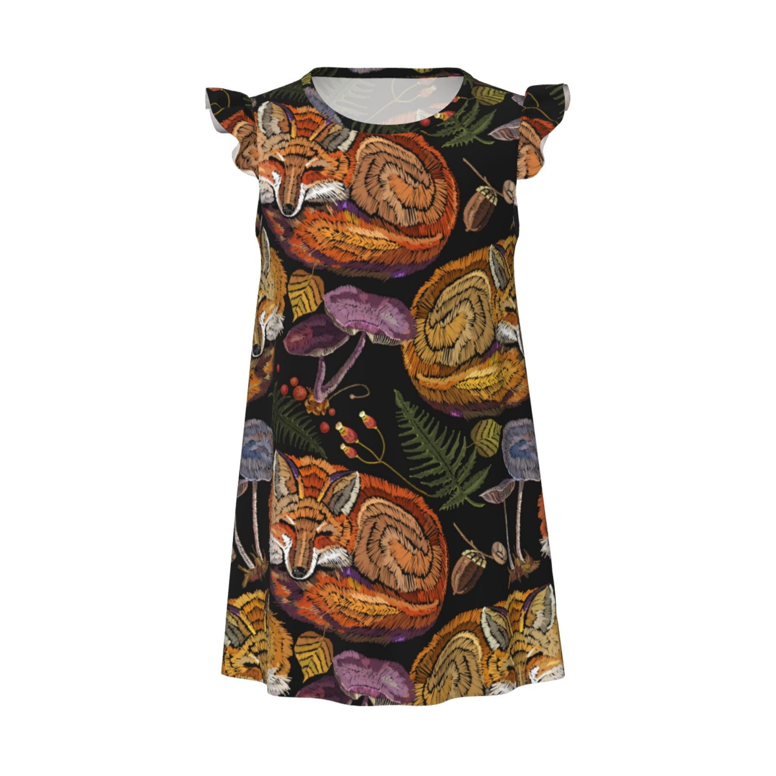 Tribal Fox Mushroom Girls Nightgowns, Flutter Sleeve Pajamas Nightdress ...