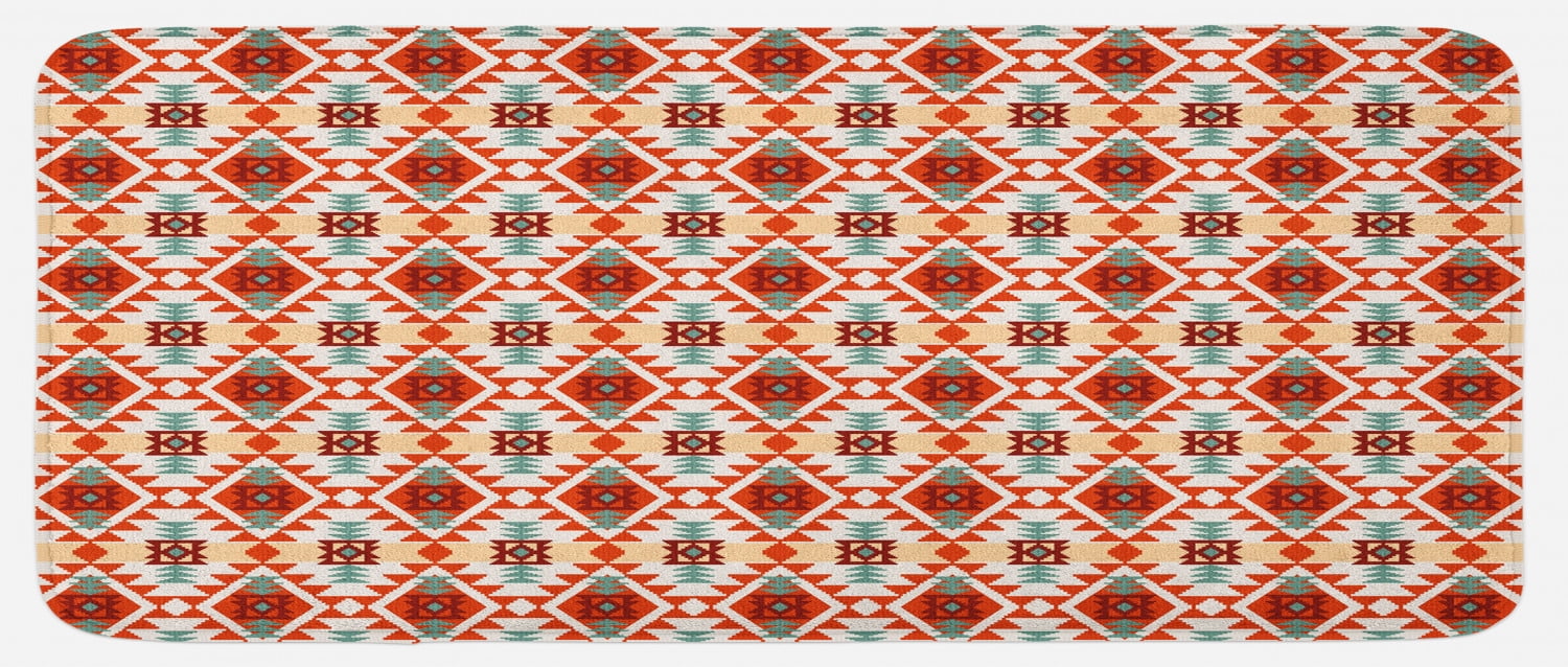 Tribal Kitchen Mat, Prehistoric Traditional Aztec Folk Motif with ...