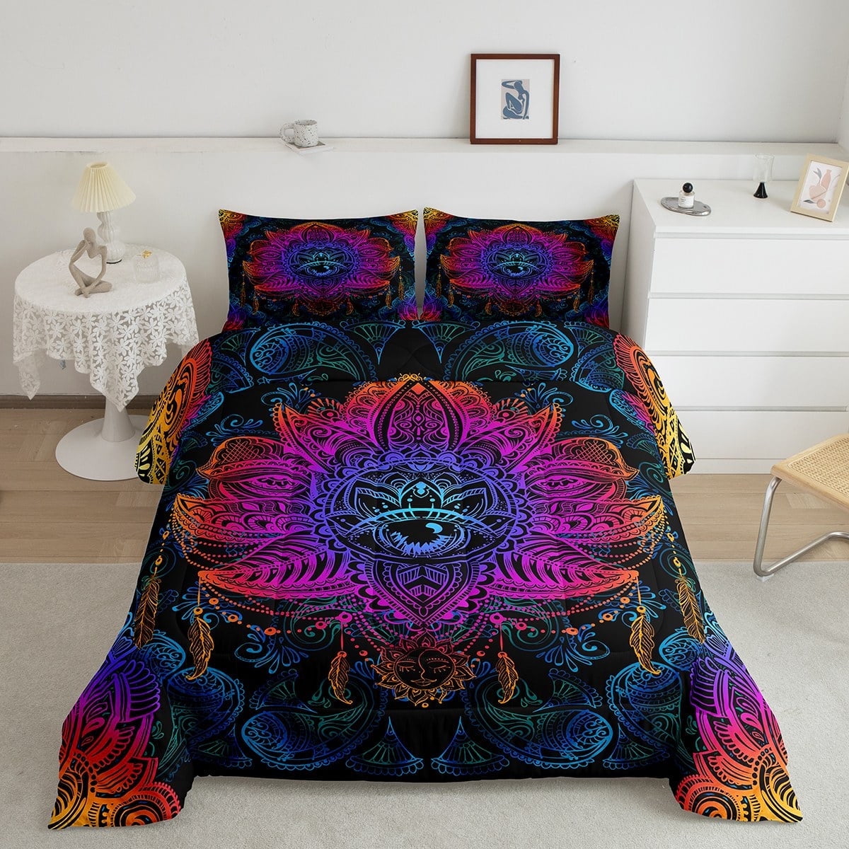 YST Tribal Lotus King Bedding Set, Glowing Mandala Comforter, Bohemian ...