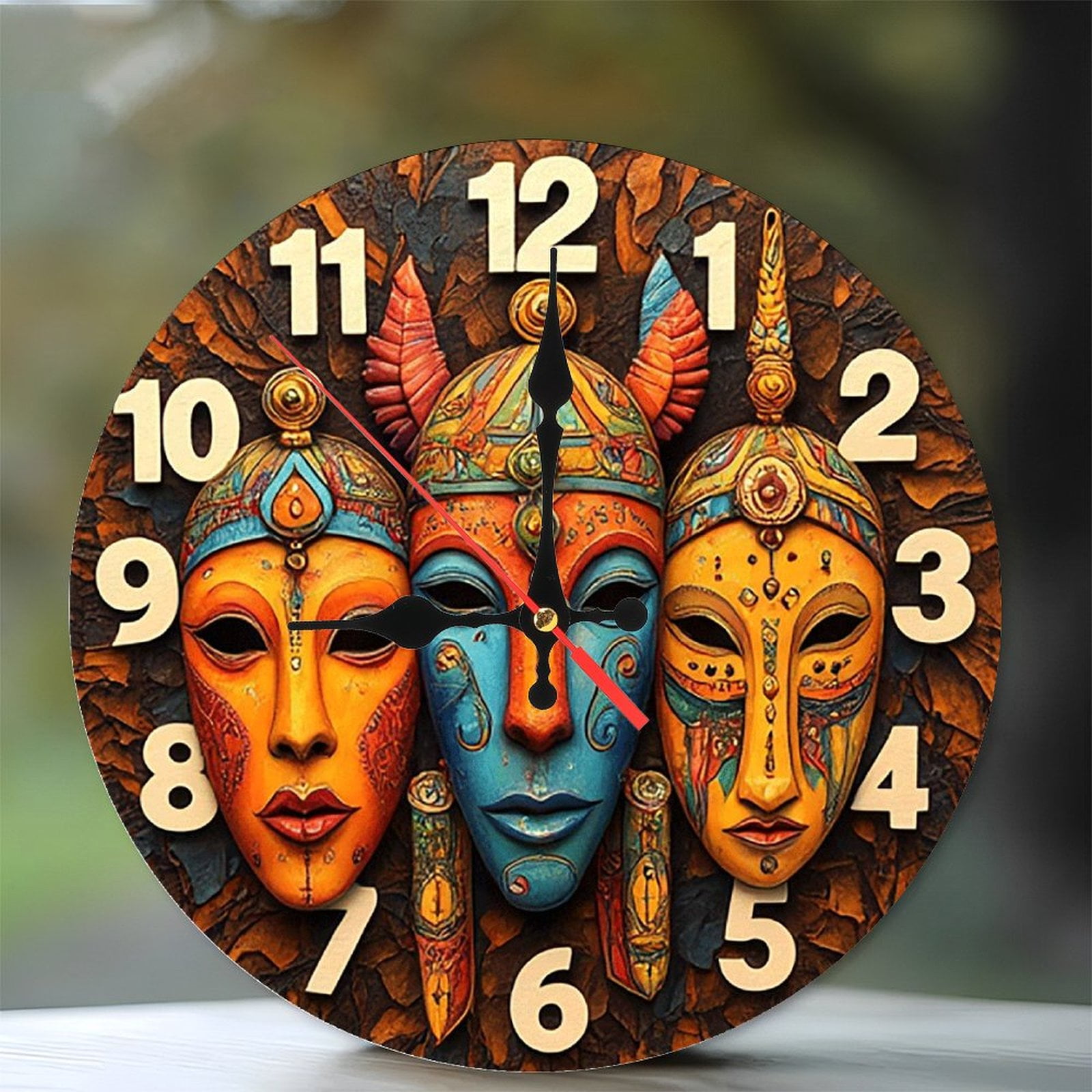 Tribal Mask Wall Clock Unique Home Decor 10-Inch Silent Wooden Wall ...