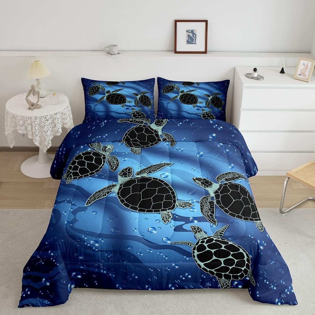 Tribal Sea Turtles Bedding Set Navy Blue Ocean Quilted Duvet for Teens ...